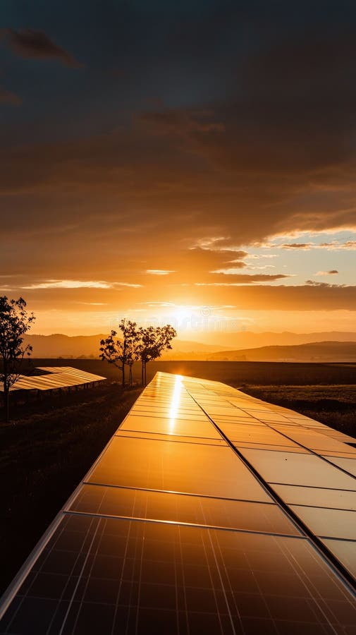 Solar Panels Reflecting the Golden Light of a Setting Sun in a Rural ...