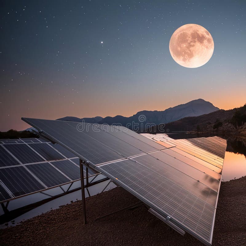 Solar Panels Reflecting Moonlight on a Mountain Lake. Generative AI ...