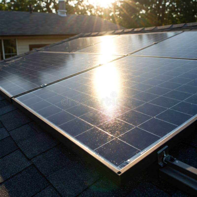 Solar Panels Reflecting Sunlight on Rooftop during Sunset Stock ...