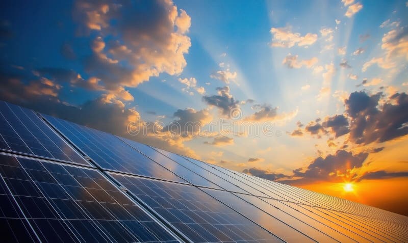 Solar Panels Reflecting Sunlight Sunset Dramatic Clouds Rays Stock ...