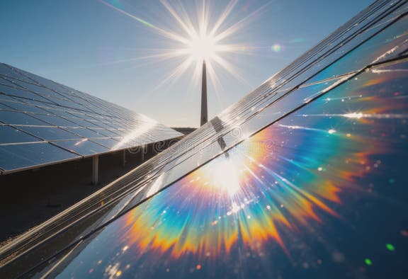 Solar Panels Reflecting Sunlight with a Vibrant Rainbow Effect Stock ...
