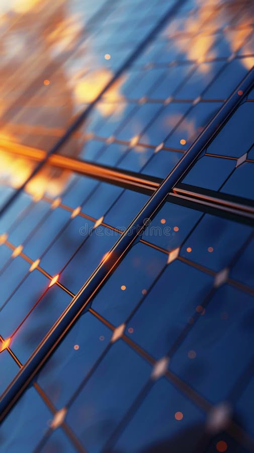 Solar Panels Reflecting the Sunset Light, Close-up. Renewable Energy ...