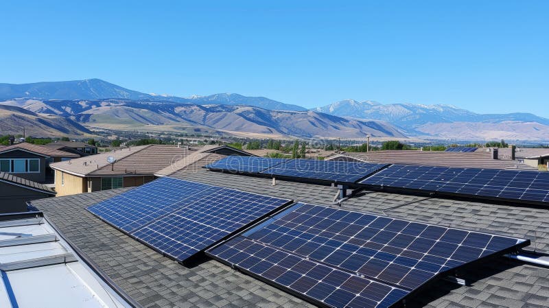 Solar Panels on a Residential Rooftop with a View of the Mountain Stock ...