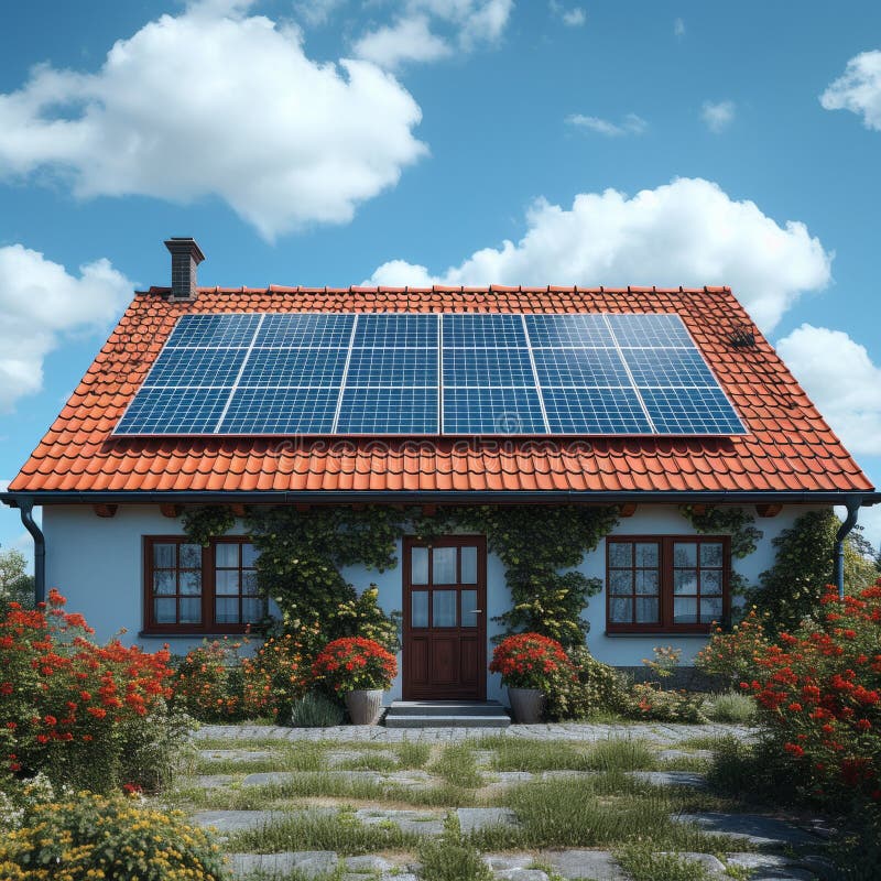Solar Panels on Roof of Beautiful House Stock Photo - Image of ...