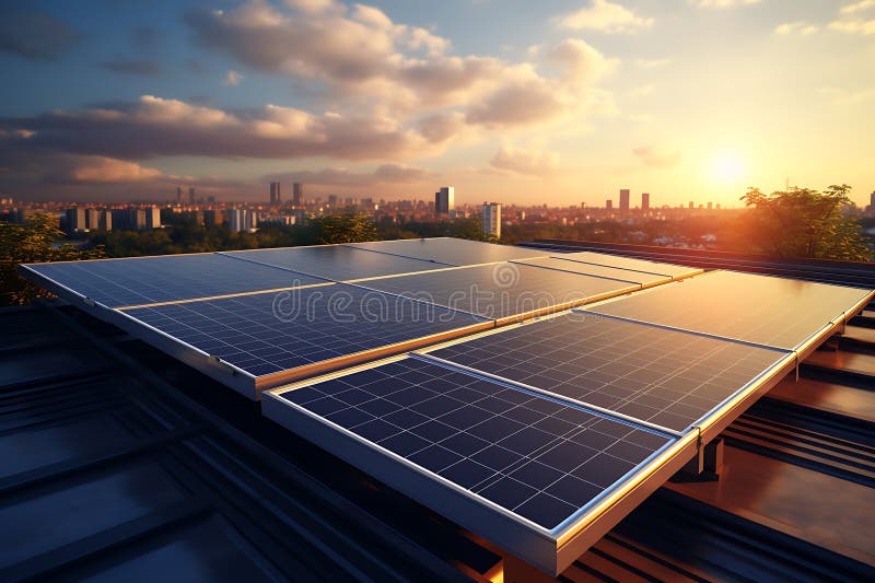 Solar Panels on the Roof of a Building in the City at Sunset Stock ...