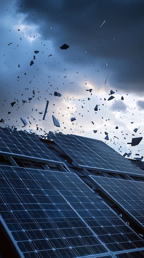 Solar Panels on a Roof Damaged by Falling Debris during a Severe ...
