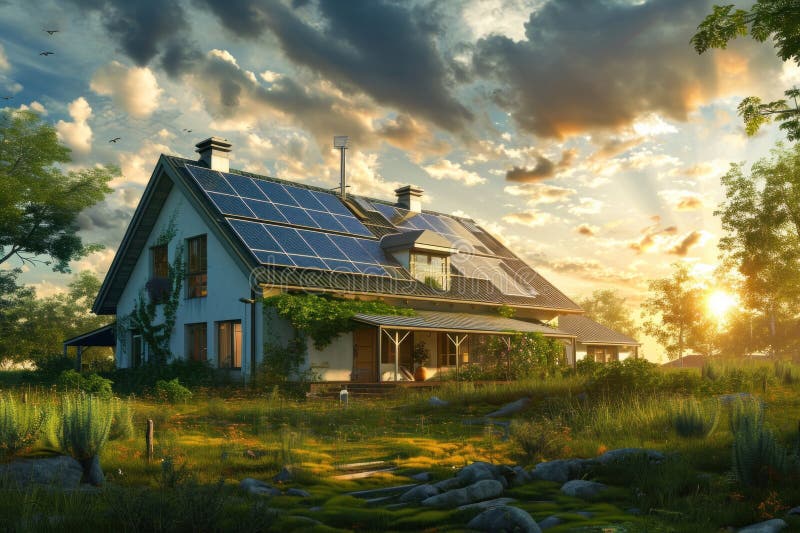 Solar Panels on Roof of House with an Open Lawn Stock Photo - Image of ...
