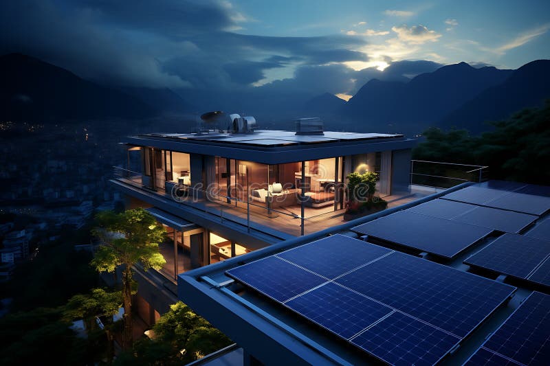 Solar Panels on the Roof of a Modern House in the Evening Stock ...