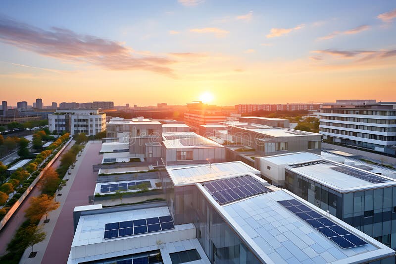 Solar Panels on the Roof of a Modern Office Building with a Beautiful ...