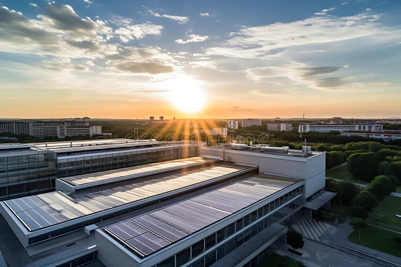 Solar Panels on the Roof of a Modern Office Building with a Beautiful ...