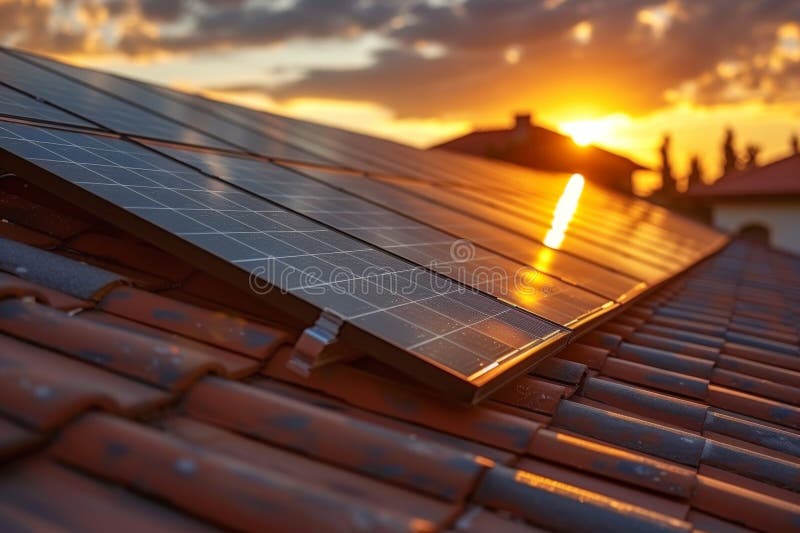 Solar Panels on Roof at Sunset: Sustainable Energy Solution for Modern ...