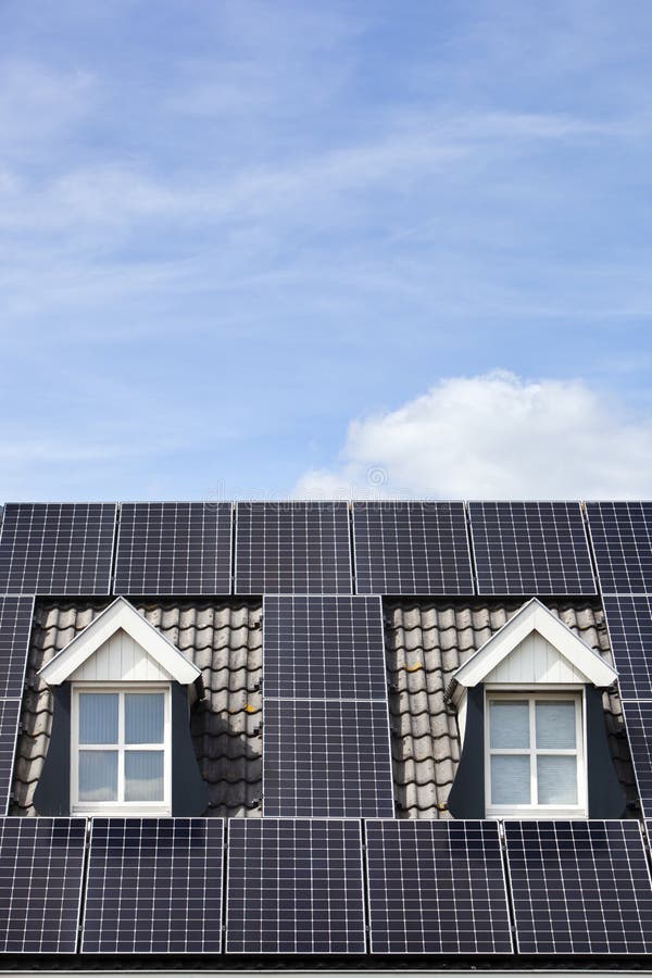 Solar Panels on a Roof with Two Dormers Stock Image - Image of ...