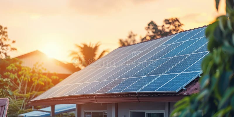 Solar Panels on a Rooftop at Sunset, Solar Panels Bask in the Warm ...
