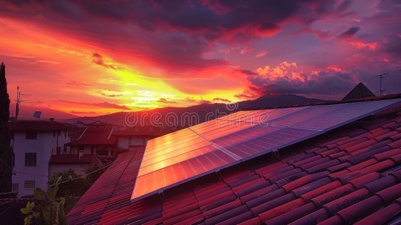 Solar Panels on a Rooftop Capture the Last Rays of the Setting Sun ...