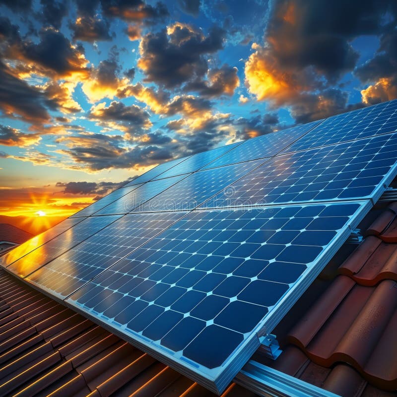 Solar Panels on a Rooftop Capturing Sunlight during a Vibrant Sunset ...
