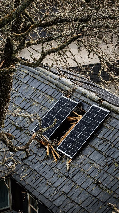 Solar Panels on a Rooftop Destroyed by Falling Tree Branches during a ...
