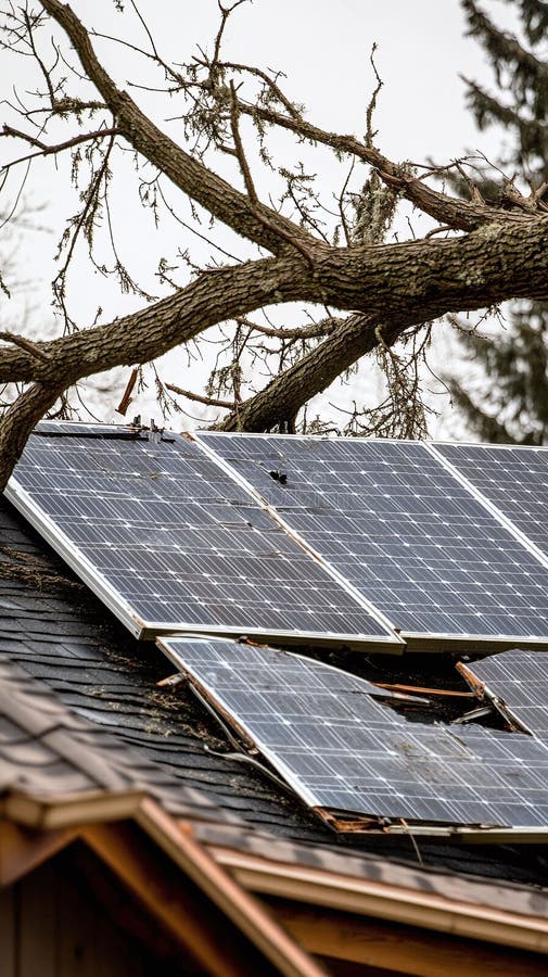 Solar Panels on a Rooftop Destroyed by Falling Tree Branches during a ...