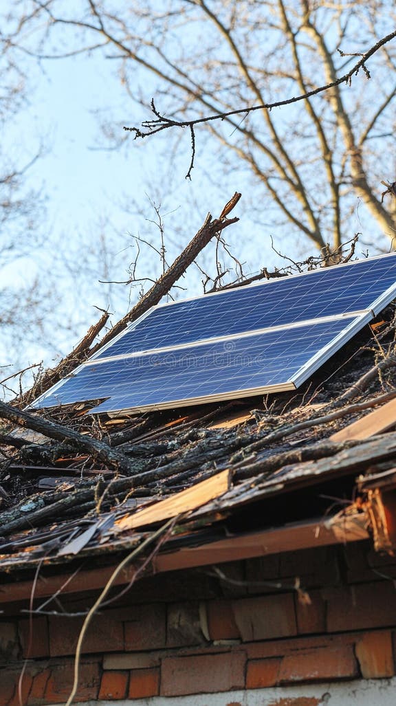 Solar Panels on a Rooftop Destroyed by Falling Tree Branches during a ...