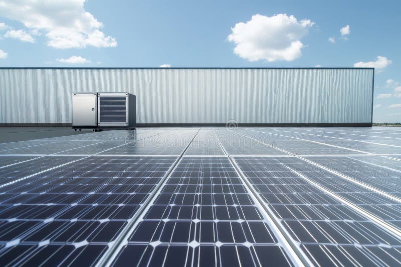 Solar Panels on a Rooftop with a Storage Unit Under a Clear Sky Stock ...