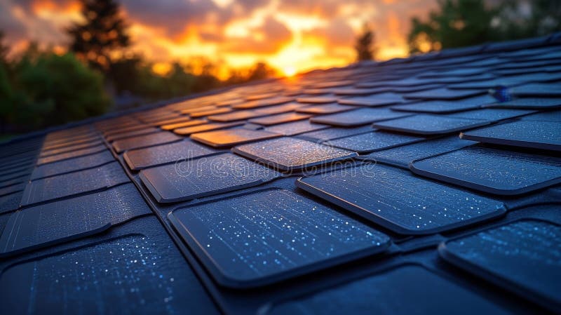 Solar Panels on a Rooftop at Sunset with Dramatic Sky. Generative AI ...