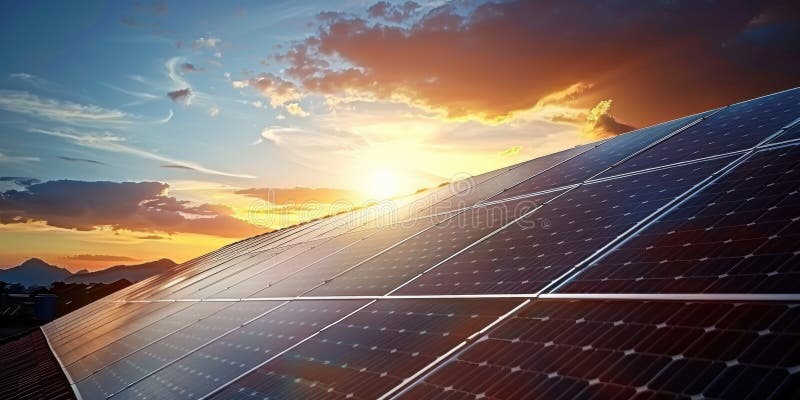 Solar Panels on a Rooftop at Sunset Stock Illustration - Illustration ...