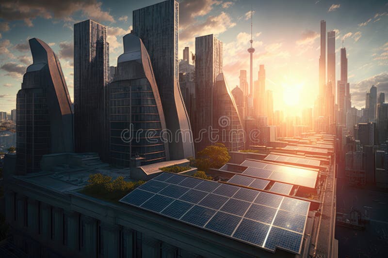 Solar Panels on the Rooftops of the Big City. Generative AI Stock ...