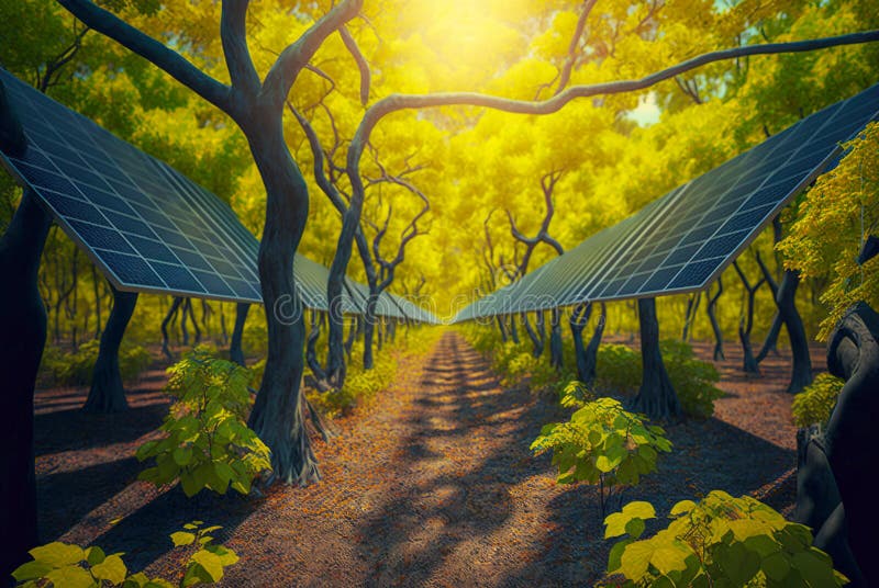 Solar Panels Row in a Forest. Futuristic Solar Energy Generation ...
