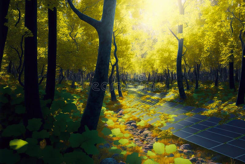 Solar Panels Row in a Forest. Futuristic Solar Energy Generation ...