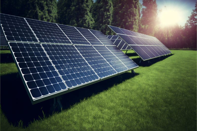 Solar Panels Row on a Grass of Green Lawn Stock Illustration ...