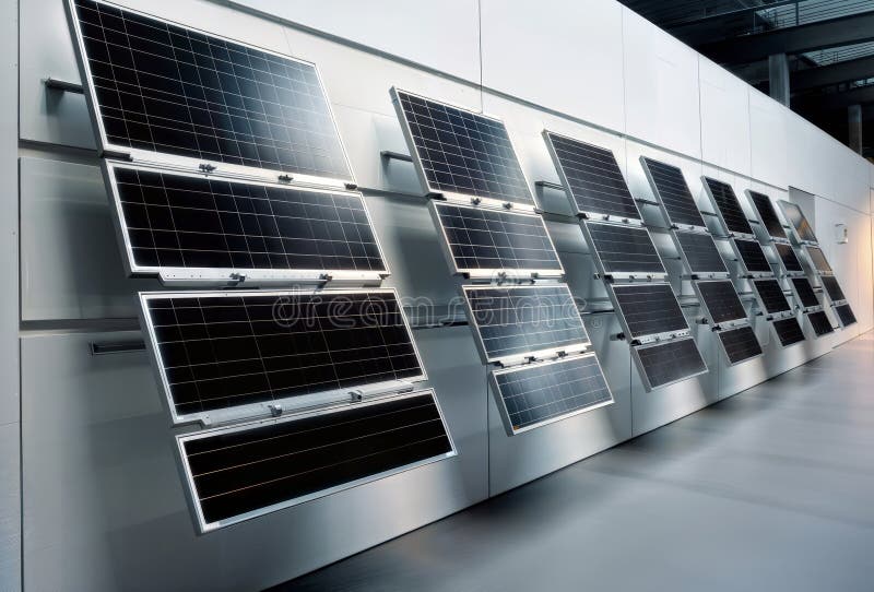 Solar Panels in a Row in a Modern Warehouse. 3d Rendering, Generative ...