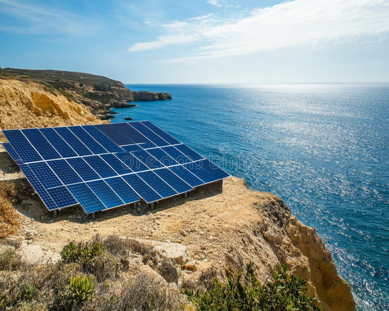 Solar Panels on Rugged Coastal Cliffs Overlooking Dramatic Sea View ...