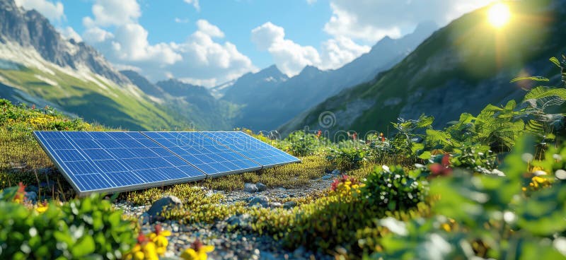 Solar Panels in Scenic Mountain Landscape with Vibrant Flora and ...