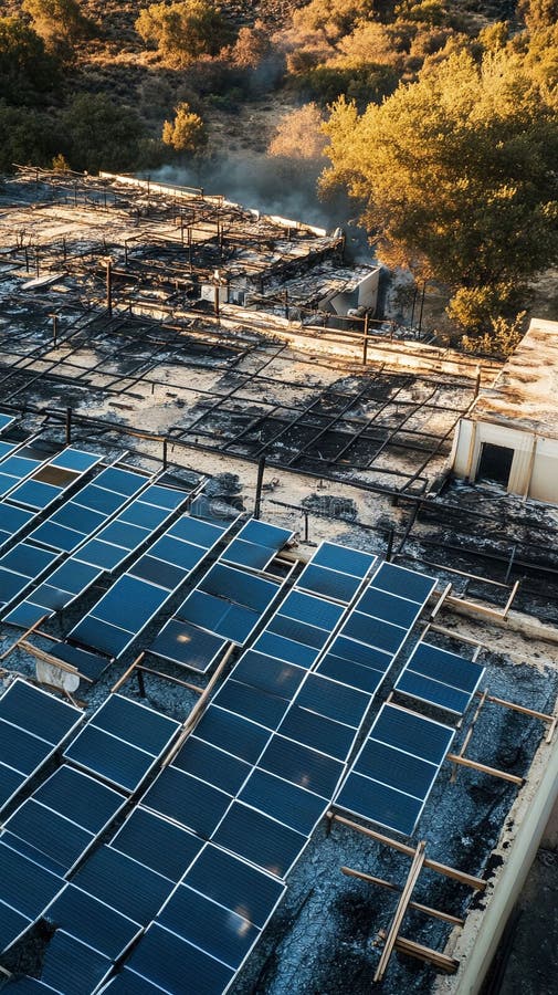 Solar Panels Scorched and Blackened Surrounded by Ash after a Wildfire ...