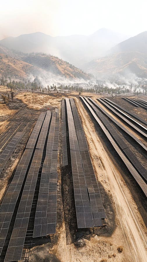 Solar Panels Scorched and Blackened Surrounded by Ash after a Wildfire ...