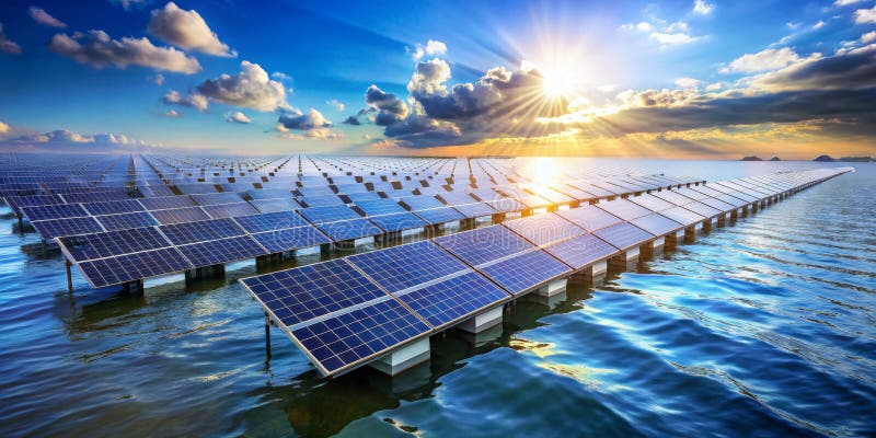 Solar Panels in the Sea at Sunset Stock Illustration - Illustration of ...
