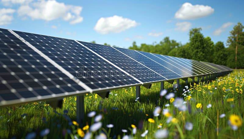 Solar Panels Set Up in a Natural Meadow Environment Stock Illustration ...