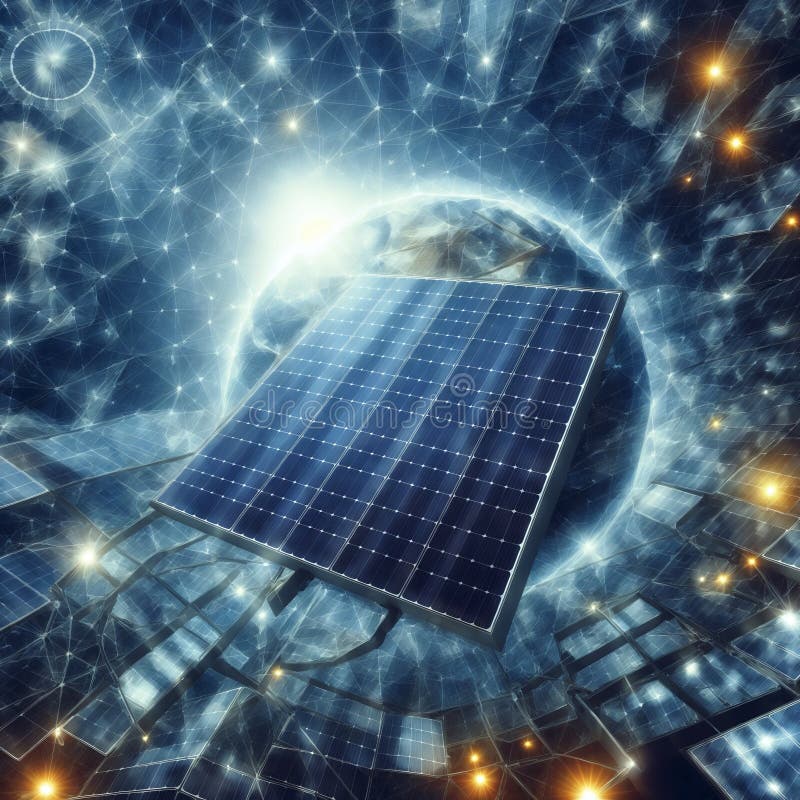 Solar Panels in Space Against the Background of the Planet. 3D ...