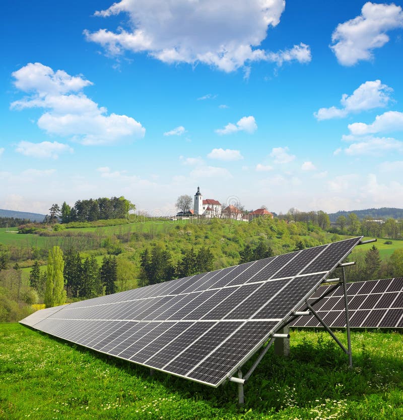 Solar Panels in Spring Landscape. Stock Image - Image of high ...