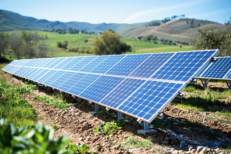 Large Solar Panels Array in a Green Rural Landscape Under a Clear Blue ...