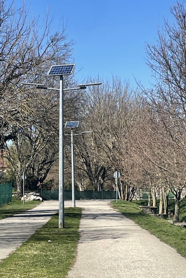 Solar Panels on a Street Lamp in the City Park in Spring Stock Image ...