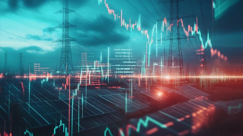 Modern Energy Infrastructure Featuring Solar Panels and Power Lines ...