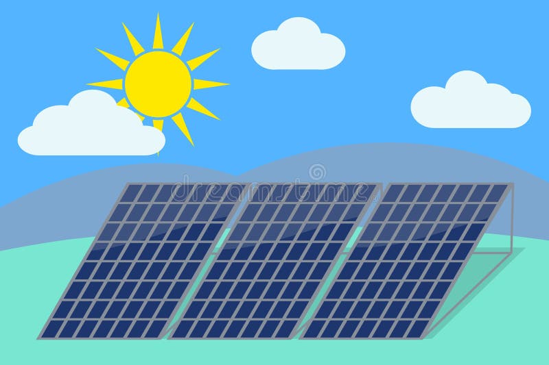 Solar Panels with Sun and Clouds. Vector Illustration in Flat Style ...