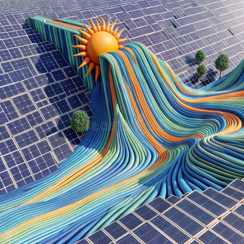 Solar Panels and Sun in the Shape of a Wave. 3D Rendering, Generative ...