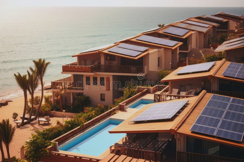 Solar Panels on Sunny Beach Resort. Generative AI Stock Illustration ...