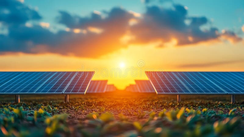 Solar Panels in Sunrise Landscape Stock Illustration - Illustration of ...