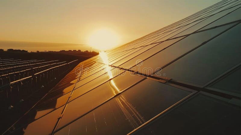 Solar Panels in Sunrise Rays, Sunrise Reflection in Solar Panels, Stock ...