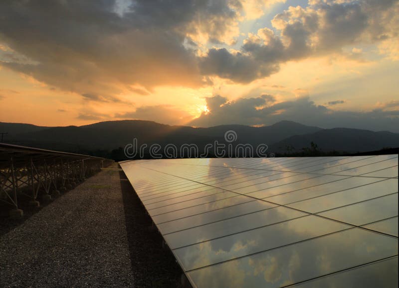 Solar Panels and Sunrise with Reflection Stock Image - Image of ...