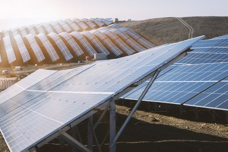 Solar Panels with Sunset and Blue Sky Background Stock Image - Image of ...