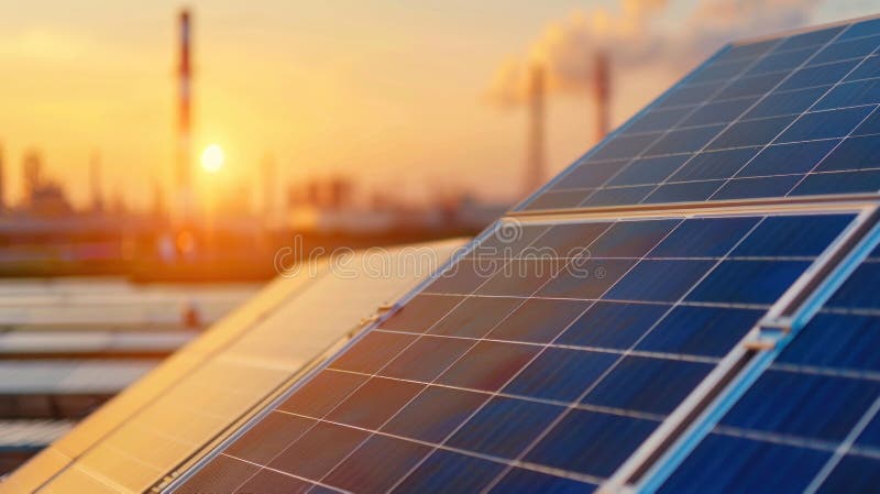 Solar Panels at Sunset Capturing Renewable Energy Amid Industrial ...
