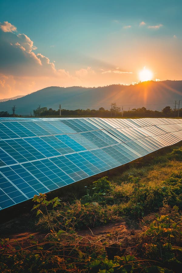 Solar Panels at Sunset Capturing Renewable Energy in a Mountain ...